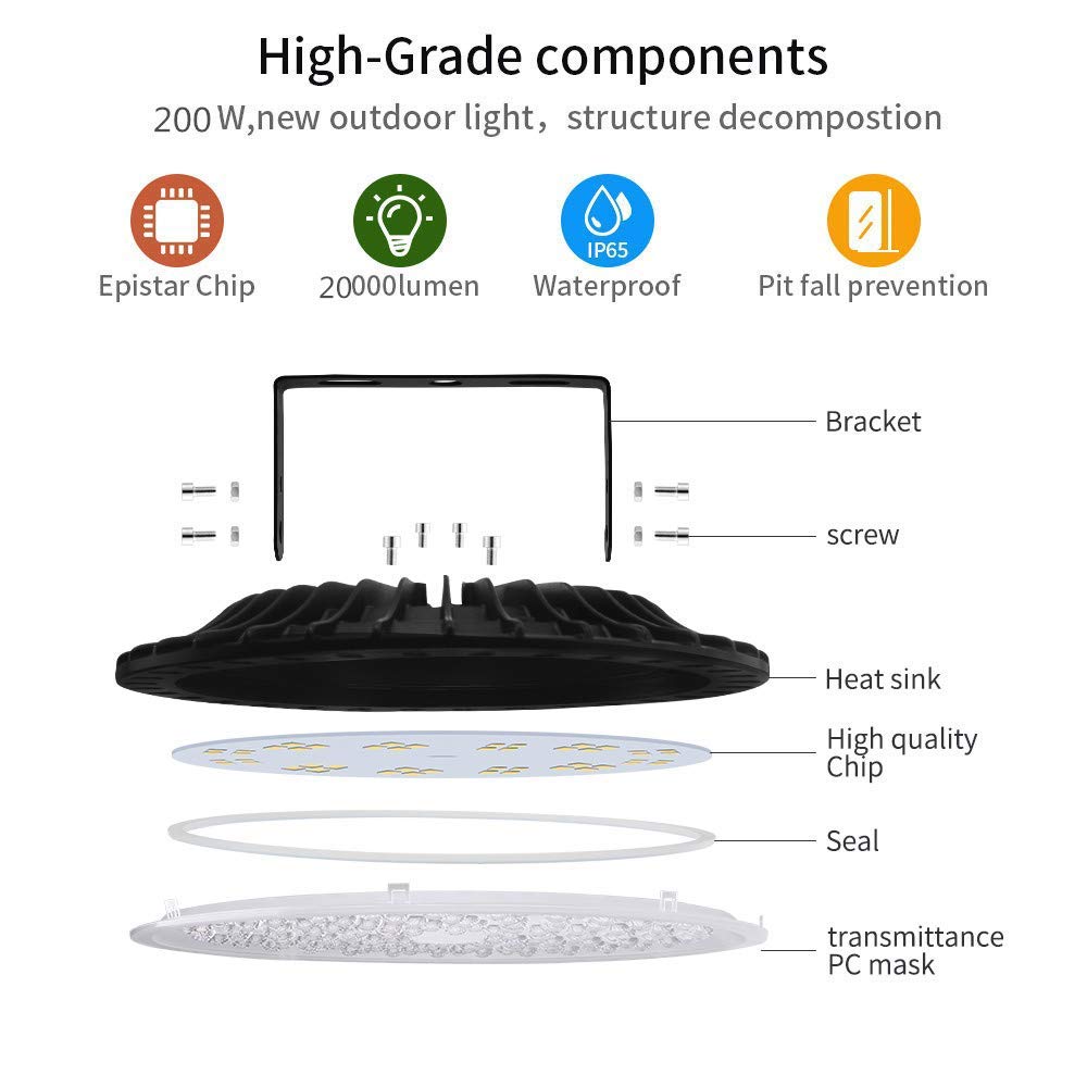 Donzake 200W UFO LED High Bay Light lamp Factory Warehouse Industrial Lighting 20000 Lumen 6000-6500K IP65 Warehouse LED Lights- Commercial Bay Lighting for Garage Factory Workshop Gym (200W 1pcs)