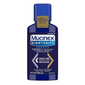 mucinex nightshift cold & flu liquid that relieves fever/sneezing/sore throat/runny nose and cough, 6 fl oz (pack of 1)