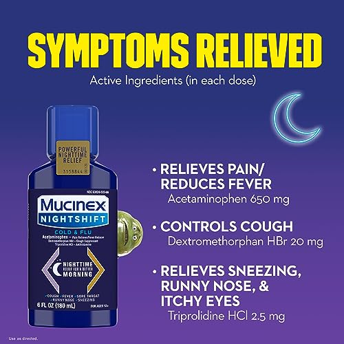 Mucinex Nightshift Cold & Flu Liquid That Relieves Fever/Sneezing/Sore Throat/Runny Nose and Cough, 6 Fl Oz (Pack of 1)