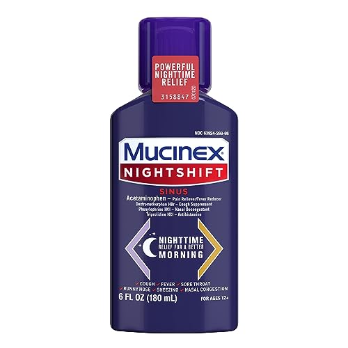 Mucinex Nightshift Sinus, Cold And Flu Cough Medicine For Adults, Powerful Nighttime Sinus Medicine For Sinus Relief, Sore Throat Relief, Cough Suppressant & Nasal Decongestant For Adults, 6 Fl Oz