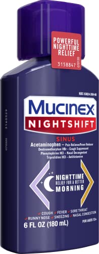 Mucinex Nightshift Sinus, Cold And Flu Cough Medicine For Adults, Powerful Nighttime Sinus Medicine For Sinus Relief, Sore Throat Relief, Cough Suppressant & Nasal Decongestant For Adults, 6 Fl Oz