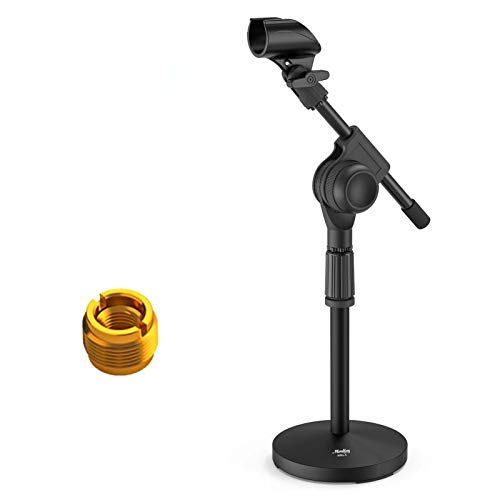 Moukey Boom Mic Stand Desk Adjustable Desktop Microphone Stand with Non-Slip Mic Clip, Short Table Mic Stand with Gear Fixing, Boom arm, 3/8" and 5/8" Adapter (Max bearing weight:1.1pounds), MMS-5