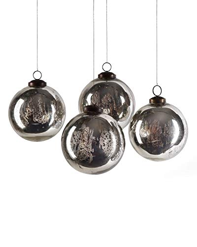 Serene Spaces Living Set of 4 Antique Silver Mercury Glass Balls, Ornaments for Holiday Décor, Measures 4" Diameter