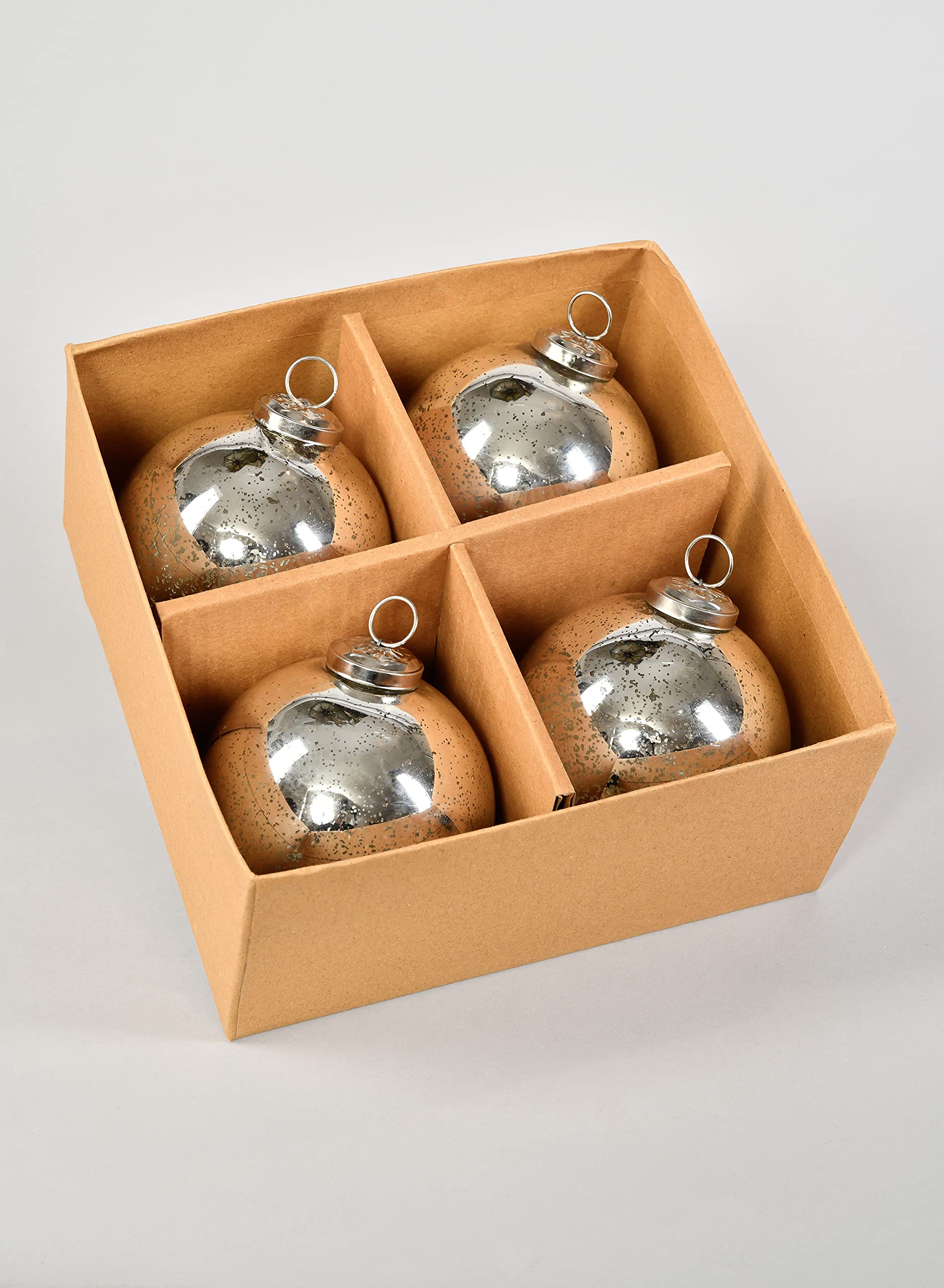 Serene Spaces Living Set of 4 Antique Silver Mercury Glass Balls, Ornaments for Holiday Décor, Measures 4" Diameter