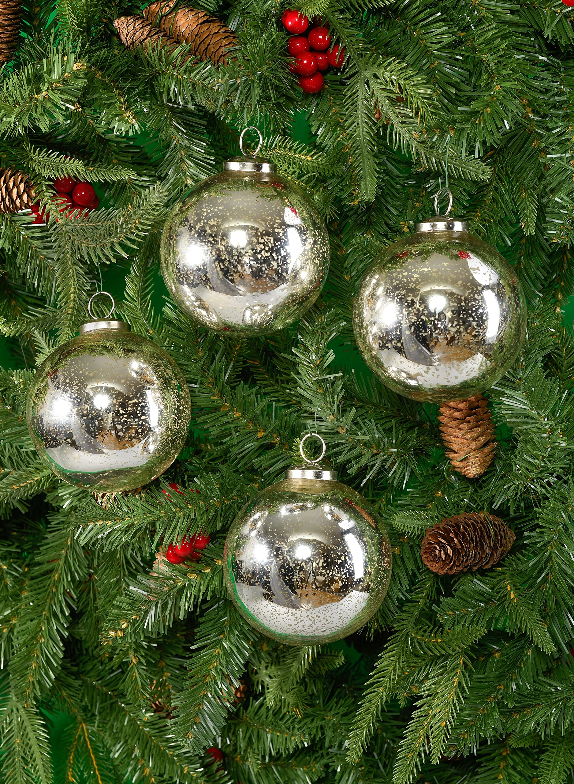 Serene Spaces Living Set of 4 Antique Silver Mercury Glass Balls, Ornaments for Holiday Décor, Measures 4" Diameter