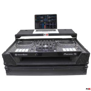 prox flight case for pioneer ddjsx3/1000 srt controller with 2u rack space,sliding glide laptop shelf,wheels and led kit-black on black design-xs-sx1k2uwltblled