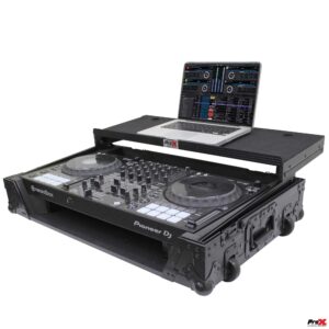 ProX Flight Case for Pioneer DDJSX3/1000 SRT Controller with 2U Rack Space,Sliding Glide Laptop Shelf,Wheels and LED Kit-Black on Black Design-XS-SX1K2UWLTBLLED