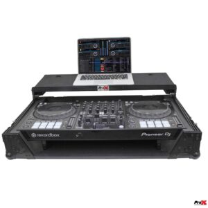 ProX Flight Case for Pioneer DDJSX3/1000 SRT Controller with 2U Rack Space,Sliding Glide Laptop Shelf,Wheels and LED Kit-Black on Black Design-XS-SX1K2UWLTBLLED