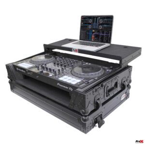 ProX Flight Case for Pioneer DDJSX3/1000 SRT Controller with 2U Rack Space,Sliding Glide Laptop Shelf,Wheels and LED Kit-Black on Black Design-XS-SX1K2UWLTBLLED