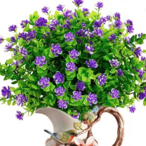 zwyoqi 8 bundles artificial flowers outdoor uv resistant fake plastic plants faux greenery shrubs indoor outside hanging planter home kitchen office wedding garden décor (purple/8pcs)