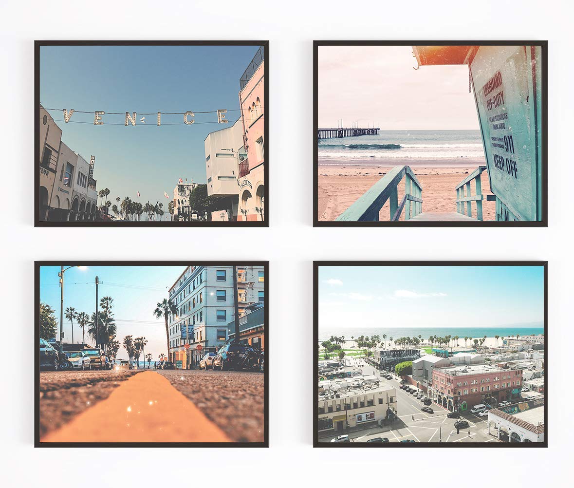 Venice Beach Photography Photographic Prints, Set of 4, Unframed, Lifeguard Stand, Downtown, Aerial Art Decor Poster Sign, 8x10