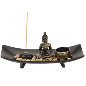 buddha statue zen garden buddha statue tabletop buddhism feng shui ornament with bronze tealight candle & incense burner holder for home office yoga room decoration