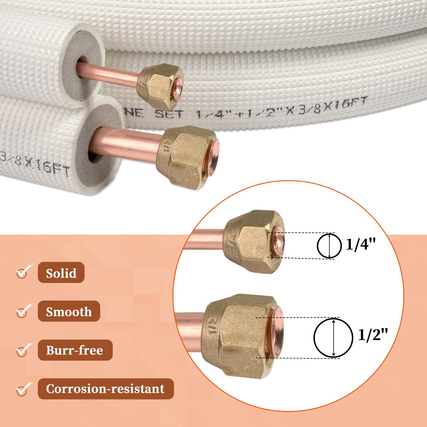 Wostore 16 Ft. Line Set 1/4&1/2 Inch 3/8 PE for Mini Split Air Conditioner Insulated Coil Copper Pipes HVAC with Fittings