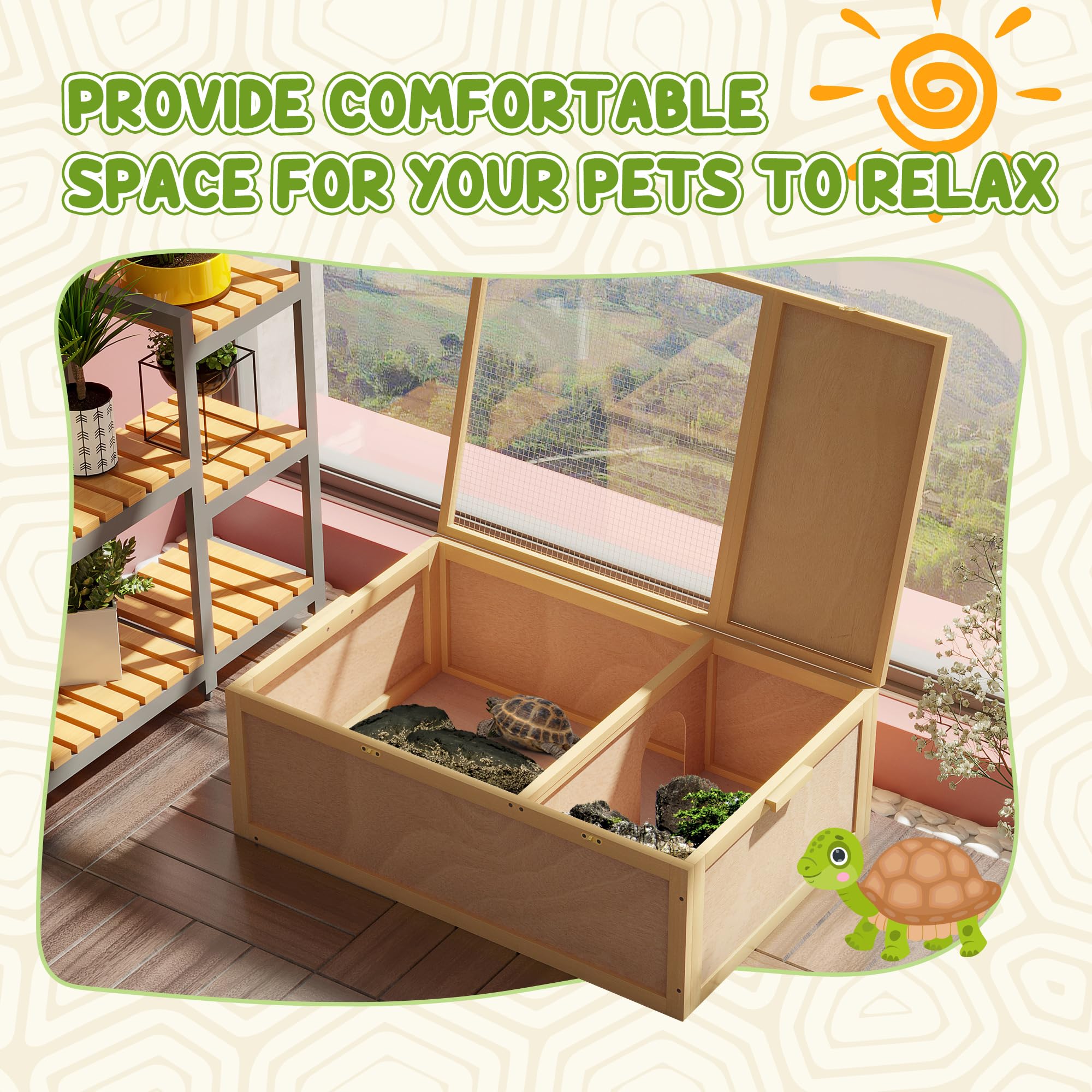 PawHut 37" Wooden Tortoise House Turtle Terrarium/Small Reptile Enclosure with Two Room Design, Natural