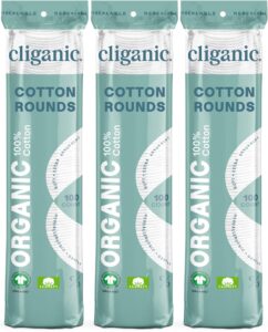 cliganic organic cotton rounds (300 count) makeup remover pads, hypoallergenic, lint-free | 100% pure cotton (packaging may vary)