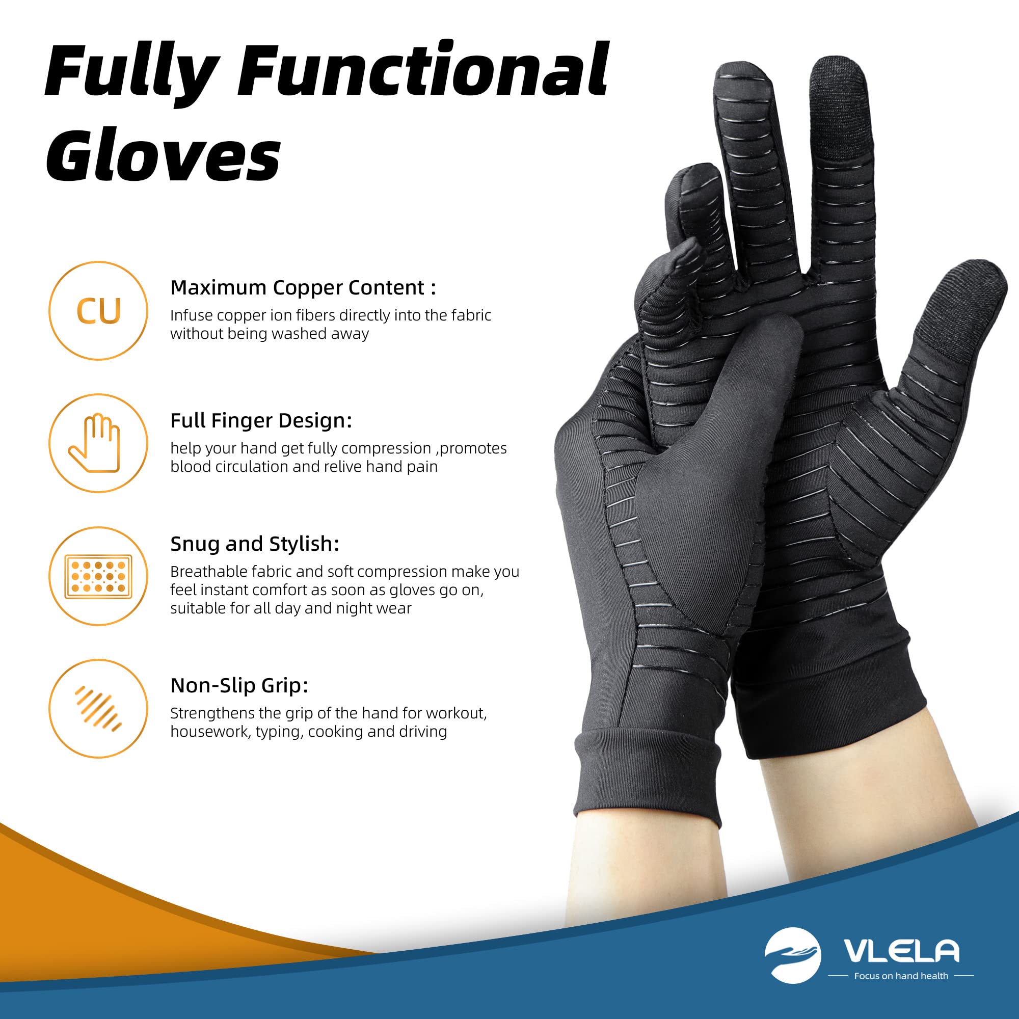 Vlela Arthritis Gloves Full Finger Copper Compression Gloves For Carpal Tunnel, Hand Pain,Fit for Men Women