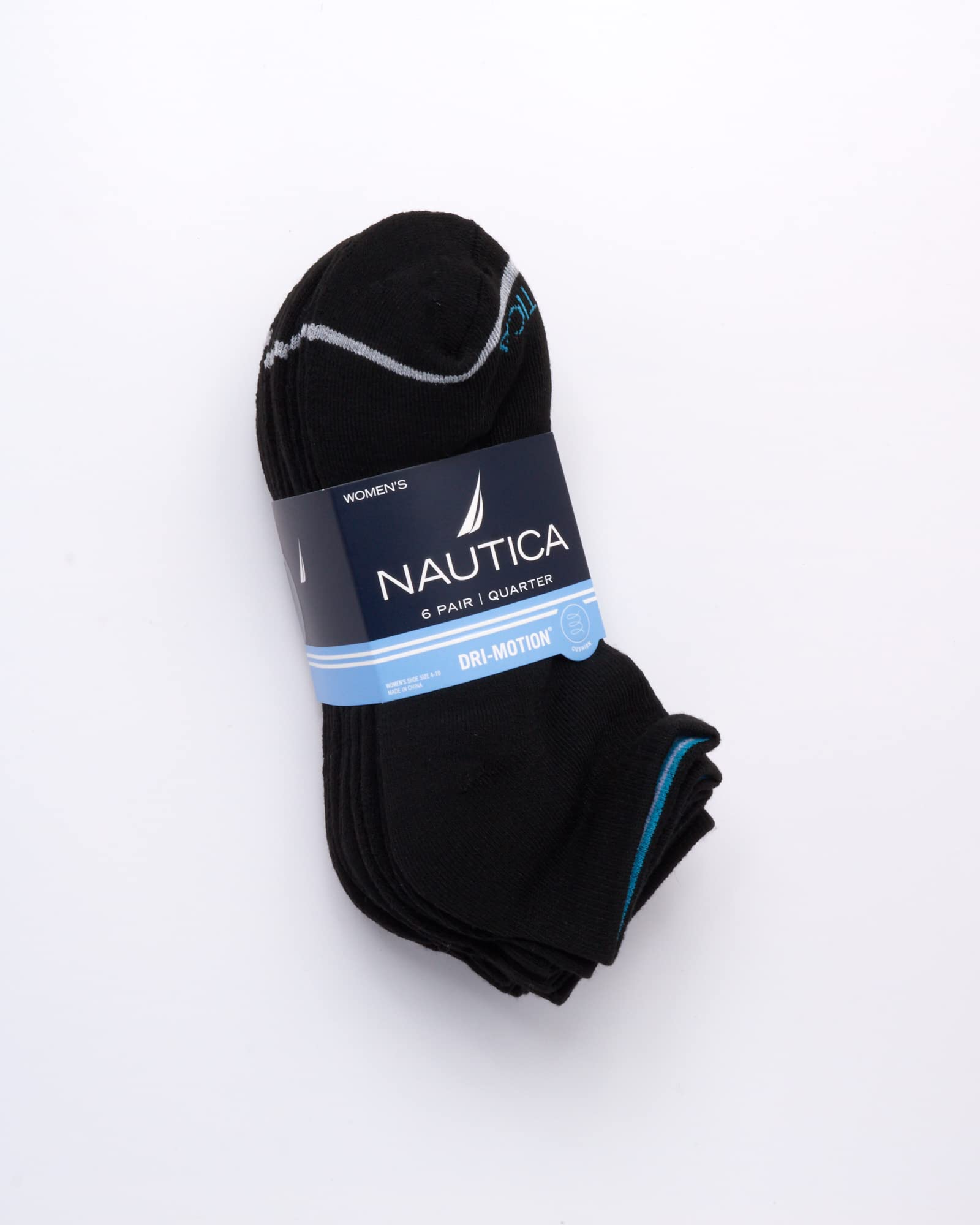 Nautica Women's Comfort Cushioned Quarter Cut Moisture Control Athletic Socks (6 Pack), Size 4-10, Black