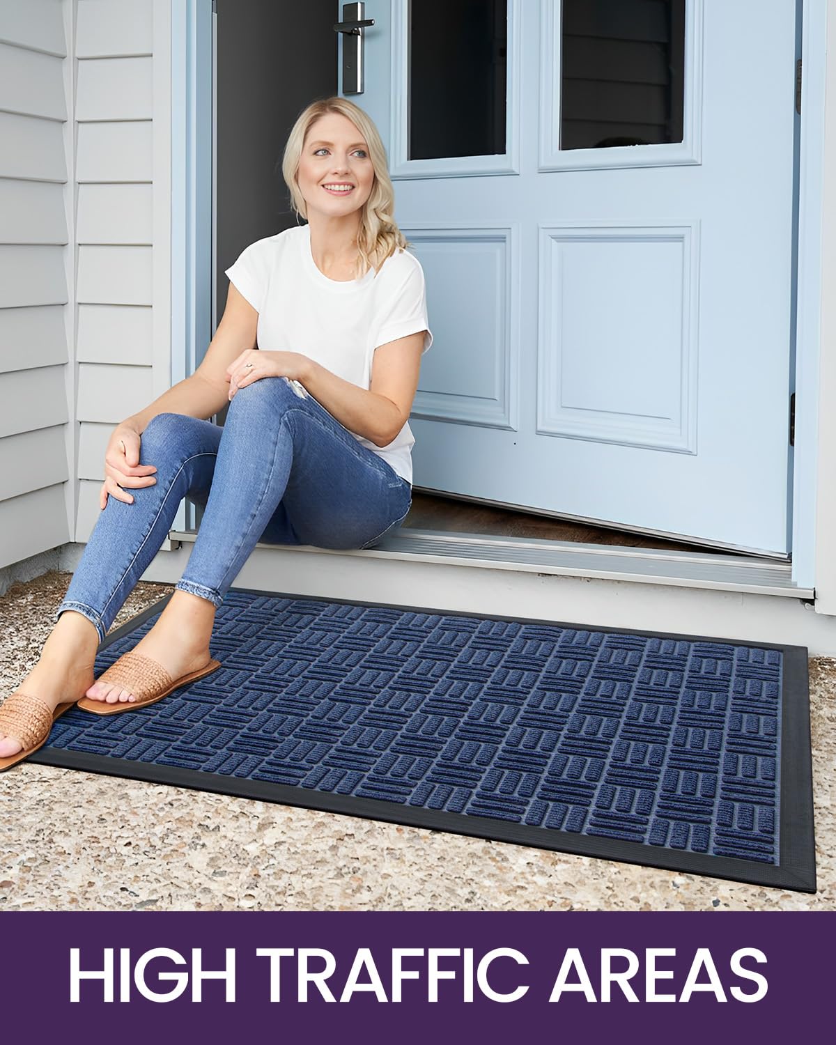 DEXI Front Door Mat Outside Entrance, All-Season Heavy Duty Rubber Indoor Outdoor Doormat, Fade Resistant, Low-Profile, Easy Clean Patio Entryway Rug, 23"x35", Maze Blue