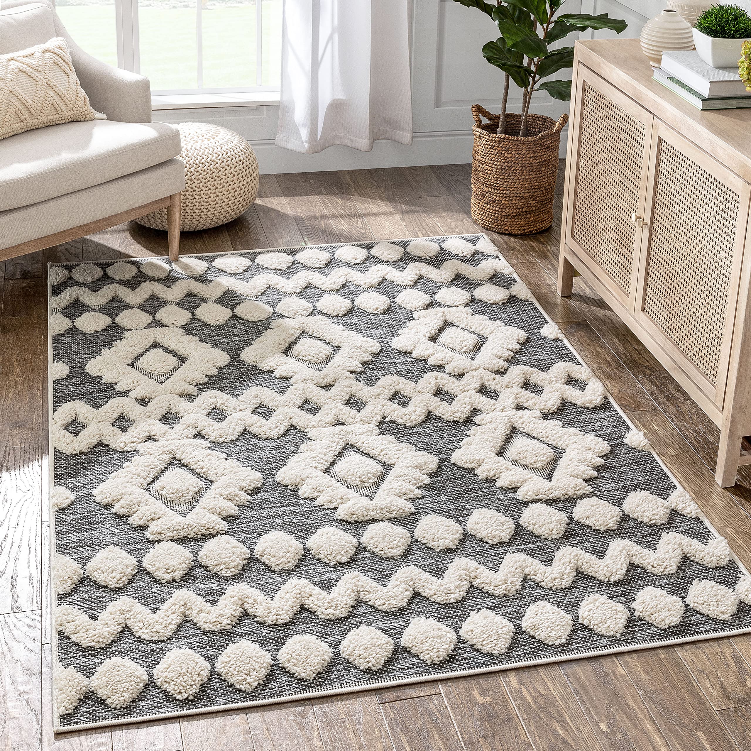 Well Woven Cenar Grey Flat-Weave Hi-Low Pile Diamond Medallion Stripes Moroccan Tribal 5'3" x 7'3" Area Rug