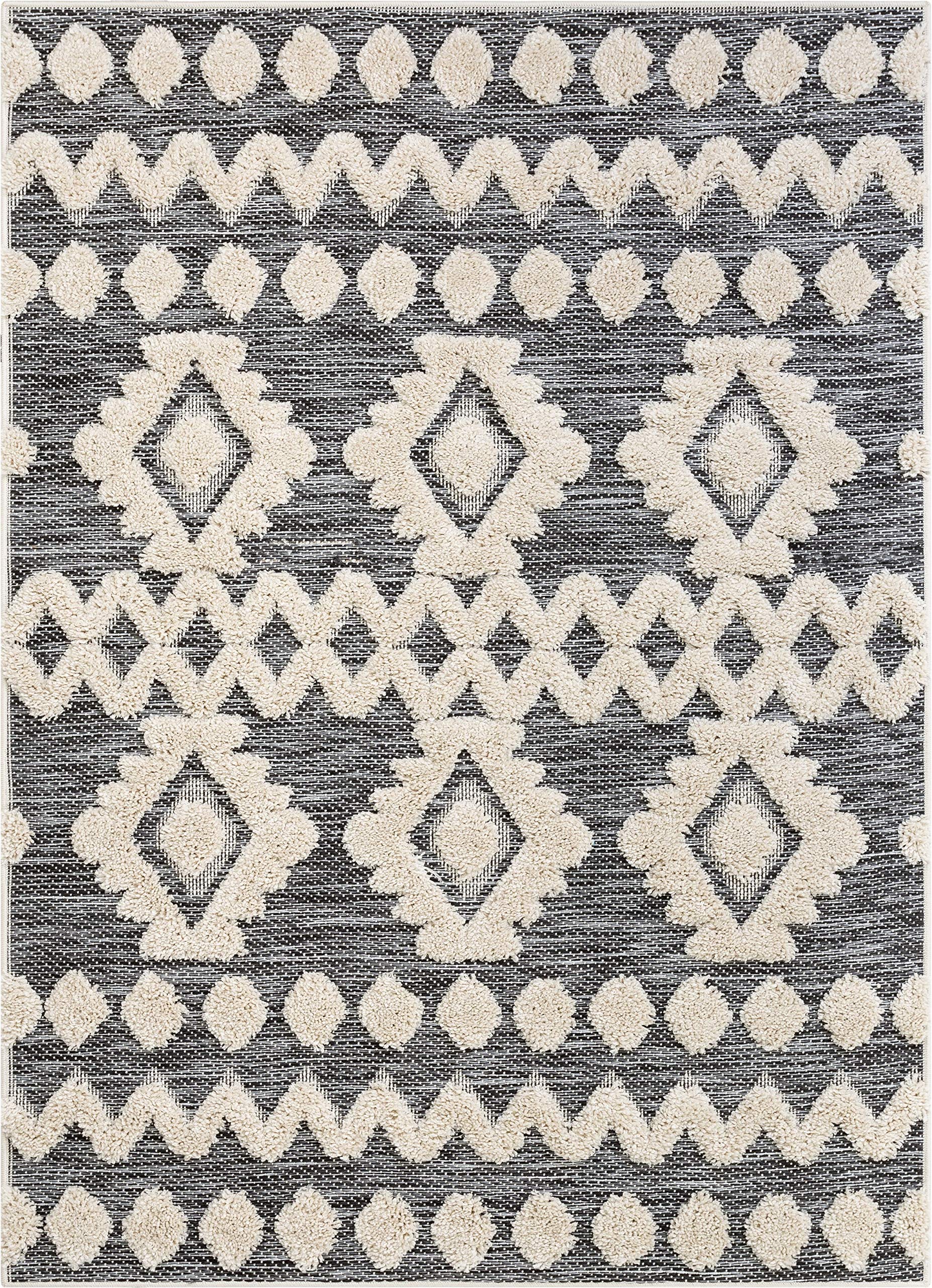 Well Woven Cenar Grey Flat-Weave Hi-Low Pile Diamond Medallion Stripes Moroccan Tribal 5'3" x 7'3" Area Rug