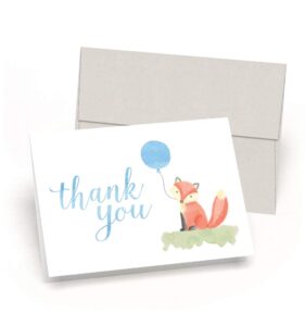 cute like a fox! little fox baby shower thank you cards (set of 10 cards + envelopes) - watercolor baby fox - by palmer street press (blue)