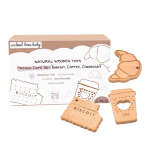 french cafe-themed wooden toys set, natural wooden play food, handcrafted beech wood toys, non-toxic wooden food set for kids, teether toy food set of 3