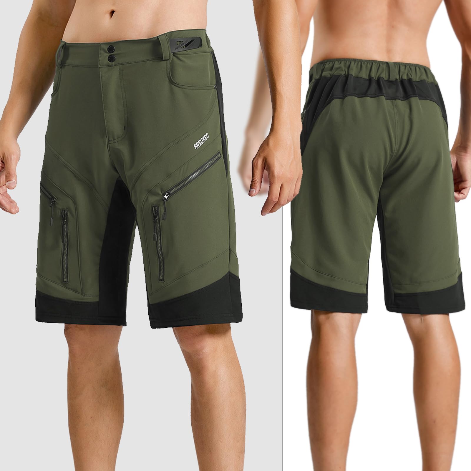 ARSUXEO Men's Loose Fit Cycling Shorts Mountain Bike Shorts Water Ressistant 1903 Army Green Size Medium