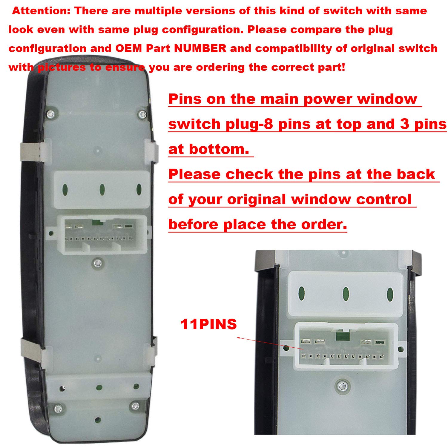 Driver Door Master Power Window Switch Compatible for 2011-2014 Jeep Grand Cherokee Dodge Durango Replace OE # 68086693AC 68086693AD- Double Auto 11 PINS, Please Check OE Number and Plug PINS