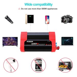 NDDI 600W Car Power Inverter 12V DC to 110V AC Converter with 3.1 A Dual USB Quick Car Charger Adapter