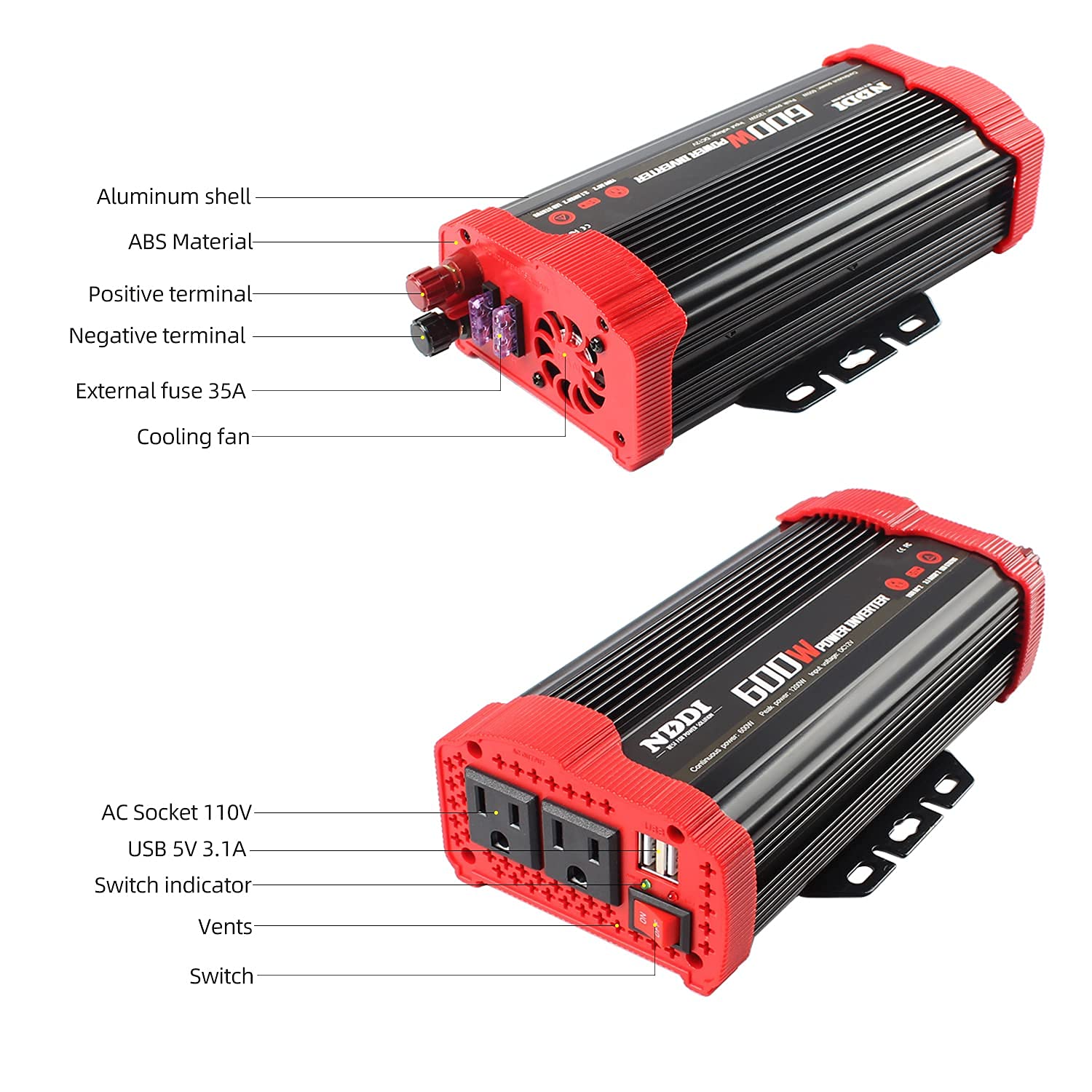 NDDI 600W Car Power Inverter 12V DC to 110V AC Converter with 3.1 A Dual USB Quick Car Charger Adapter