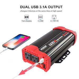 NDDI 600W Car Power Inverter 12V DC to 110V AC Converter with 3.1 A Dual USB Quick Car Charger Adapter