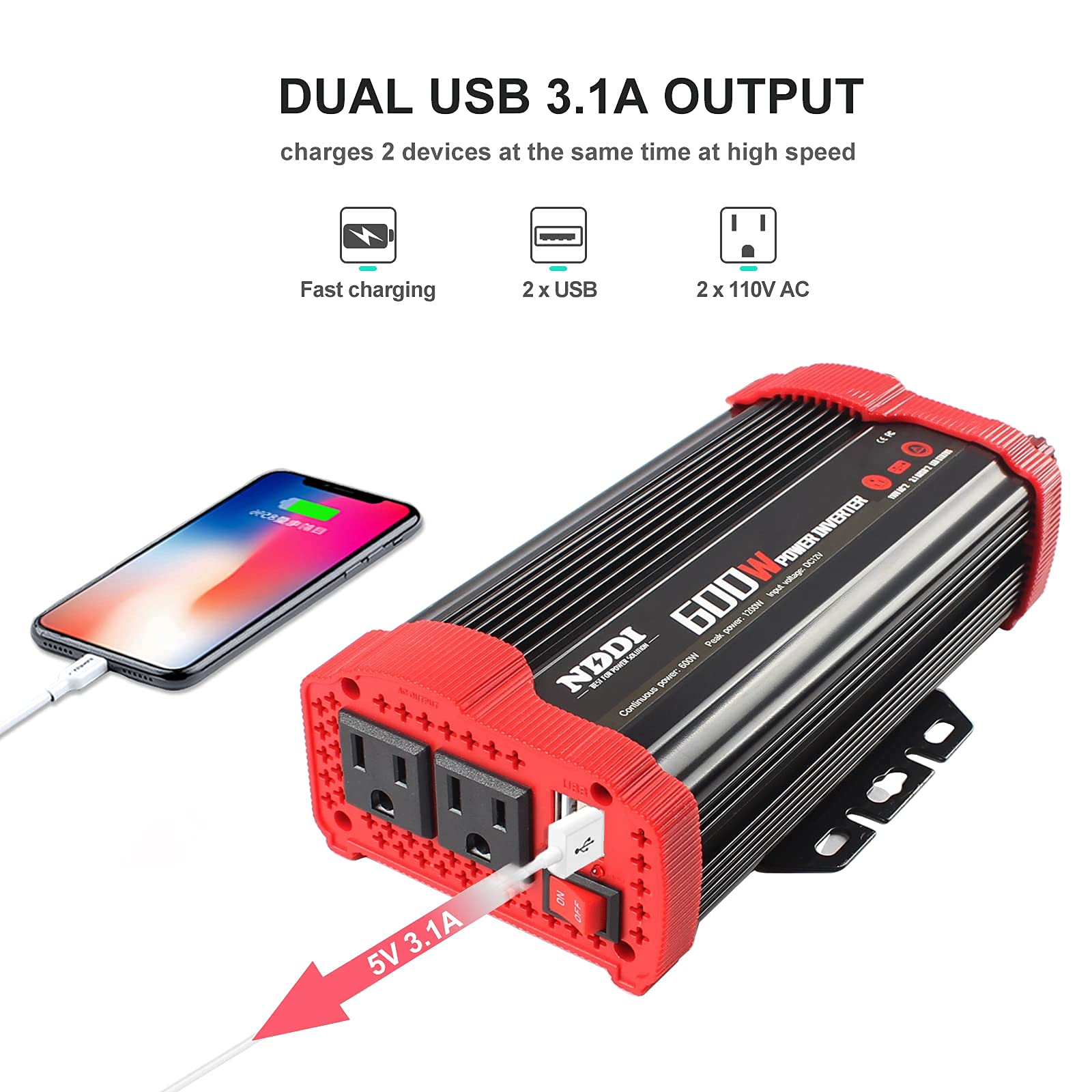 NDDI 600W Car Power Inverter 12V DC to 110V AC Converter with 3.1 A Dual USB Quick Car Charger Adapter