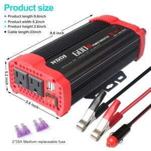 NDDI 600W Car Power Inverter 12V DC to 110V AC Converter with 3.1 A Dual USB Quick Car Charger Adapter