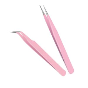 zeroz 2 pcs stainless steel tweezers for eyelash extensions precision electronics nail sticker rhinestone jewelry anti-static non-magnetic (pink)