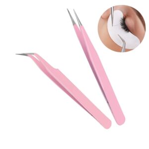 ZeroZ 2 Pcs Stainless Steel Tweezers for Eyelash Extensions Precision Electronics Nail Sticker Rhinestone Jewelry Anti-Static Non-Magnetic (Pink)