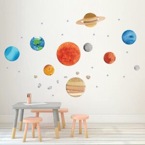 finduat space planet wall stickers decals, removable solar system watercolor space vinyl wall stickers for kids nursery bedroom living room