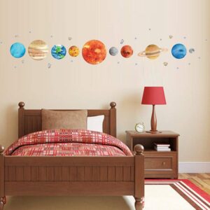 Finduat Space Planet Wall Stickers Decals, Removable Solar System Watercolor Space Vinyl Wall Stickers for Kids Nursery Bedroom Living Room