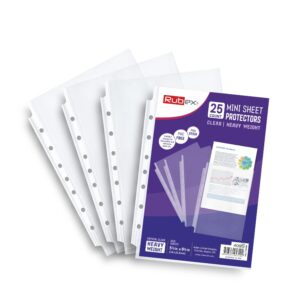 rubex mini heavyweight sheet protectors - 25 sheets | top loading, reinforced 7-hole 5.5 x 8.5 inch |mini ring binders for page protectors, acid-free, archival safe for documents and photos