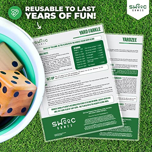 SWOOC Games - 5 Big Laminated Yardzee & Farkle Score Cards (11.5in x 8in) with Rules - Large Reusable Dry Erase Pads for Giant Outdoor Dice Games - Jumbo Score Sheet for Yardzee and Farkle