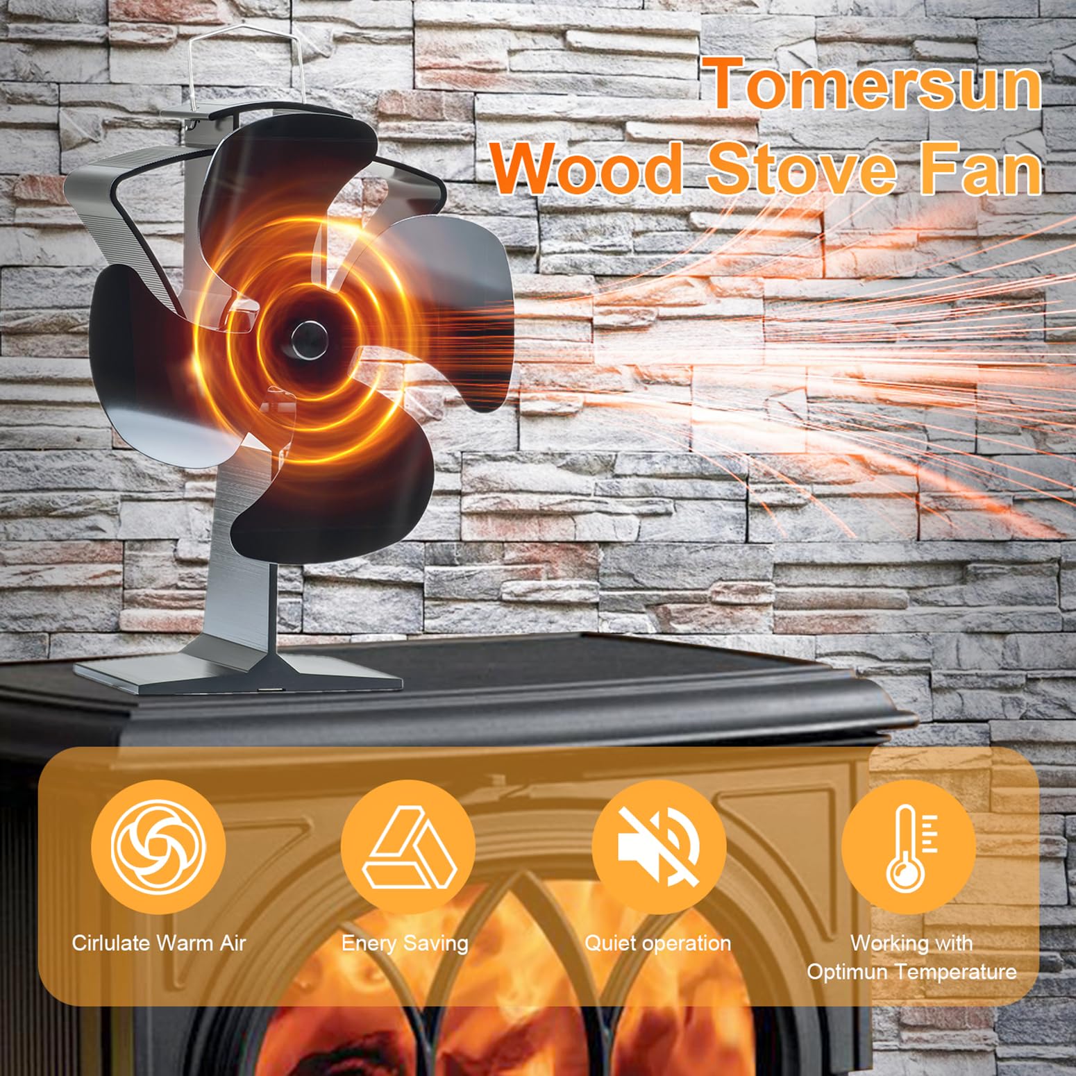 Tomersun 4 Blades Heat Powered Stove Fireplace Fan for Home Wood Log Burning Fireplace Circulating Warm Air Saving Fuel Efficiently