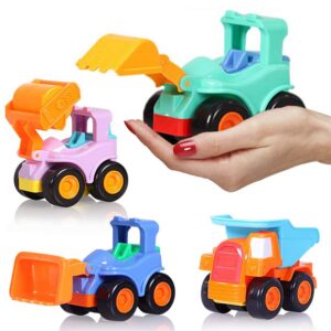 beestech toy cars for 2 3 4 5 year old boys girls toddlers, friction powered construction truck toys, pull back and go vehicles with dumper road roller bulldozer excavator 4 pack gift