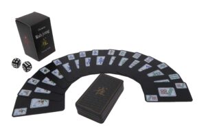 funrarity chinese mahjong cards deluxe set 144 playing cards with 2 dice and travel bag (mah jong, mahjongg, mah-jongg, mah jongg, majiang) plastic pvc portable durable waterproof black