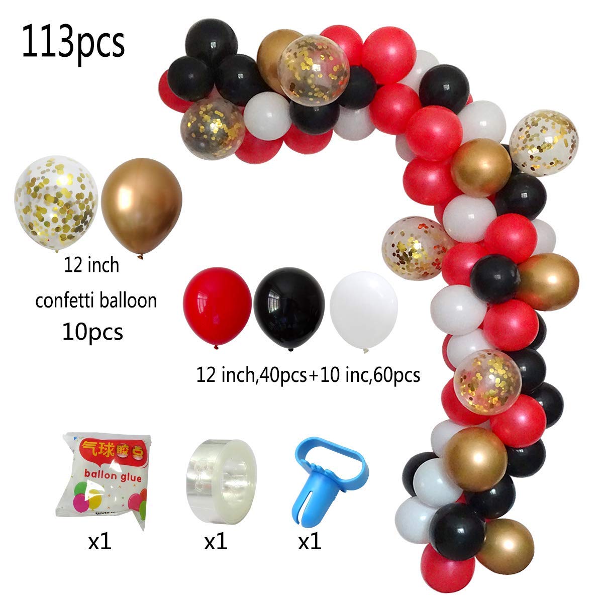 DIY Balloon Arch & Garland Kit, 113Pcs Party Balloons Decoration Set, Gold Confetti Balloons & Gold Red Black White Latex Balloons for Baby Shower, Wedding, Birthday, Graduation Party