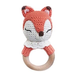 natural crochet teether toy rattle for baby forest friends amigurumi crochet bunny deer fox on natural wooden teething ring rattle and beaded pacifier clip (foxy)