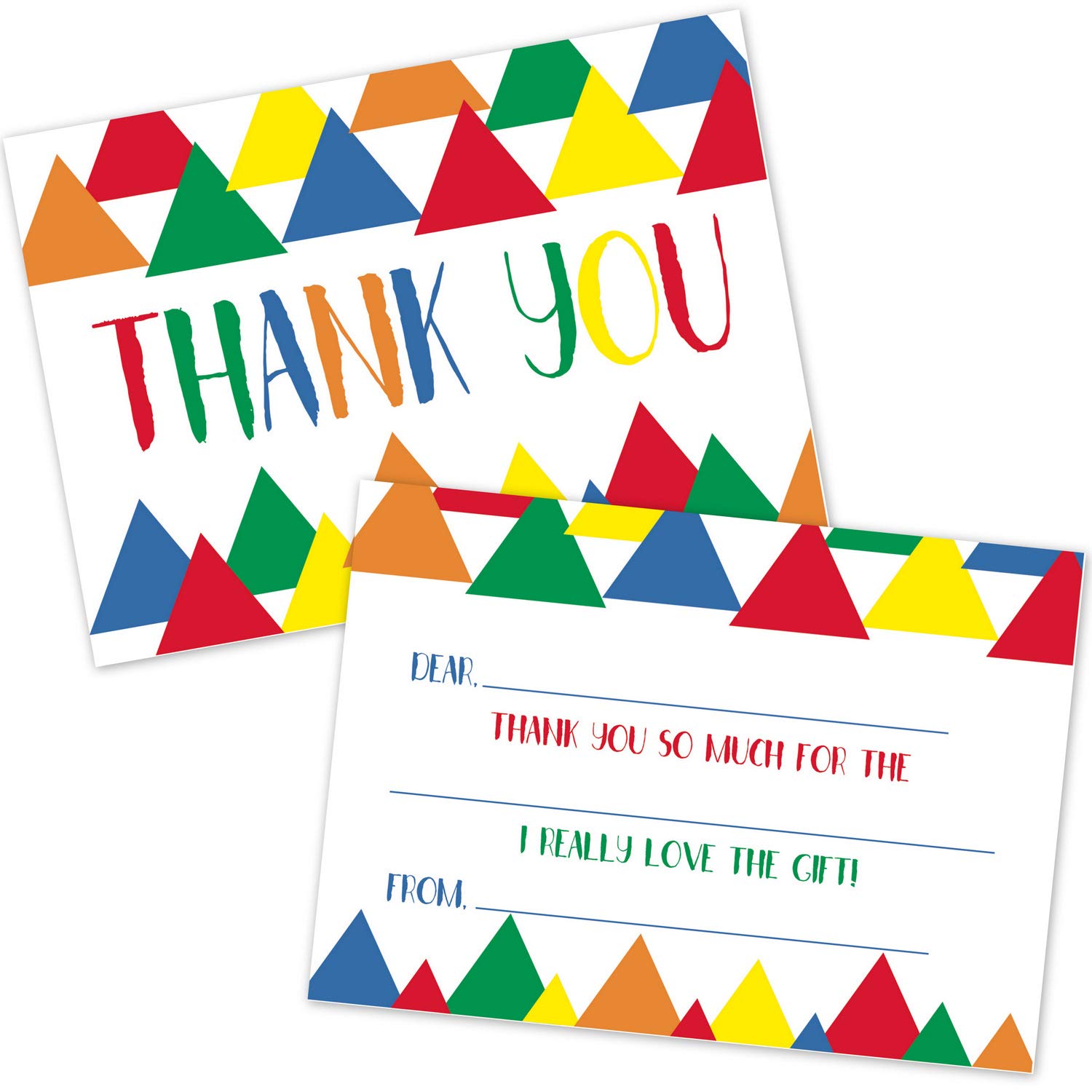 Old Blue Door Invites Preschool Kids Fill in the Blank Thank You Cards (20 Count with Envelopes) - Colorful Triangles Pattern Thank You Notes for Boys and Girls