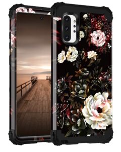 lontect for galaxy note 10 plus 5g case 3 in 1 heavy duty hybrid sturdy high impact shockproof protective cover case for samsung galaxy note 10+ plus/note 10 plus 5g, black/white flower