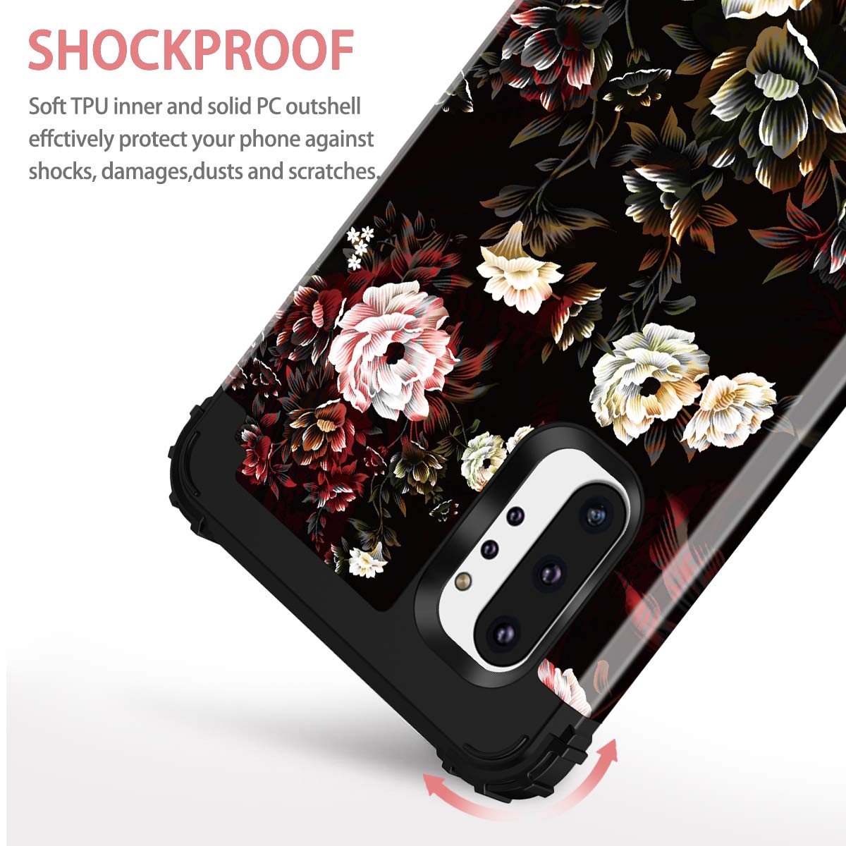 LONTECT for Galaxy Note 10 Plus 5G Case 3 in 1 Heavy Duty Hybrid Sturdy High Impact Shockproof Protective Cover Case for Samsung Galaxy Note 10+ Plus/Note 10 Plus 5G, Black/White Flower