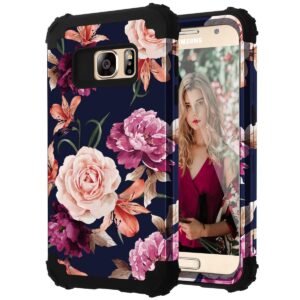 Samsung S7 Case,S7 Phone Case,Casewind Samsung Galaxy S7 Case Floral 3 in 1 Hard PC Soft Silicone Heavy Duty Hybrid Protection Shockproof Anti-Scratch Rugged Bumper Cover for Galaxy S7 Case,Navy Blue