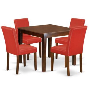 east west furniture oxab5-mah-72 oxford 5 piece modern set includes a square wooden table and 4 firebrick red faux leather parson dining chairs, 36x36 inch