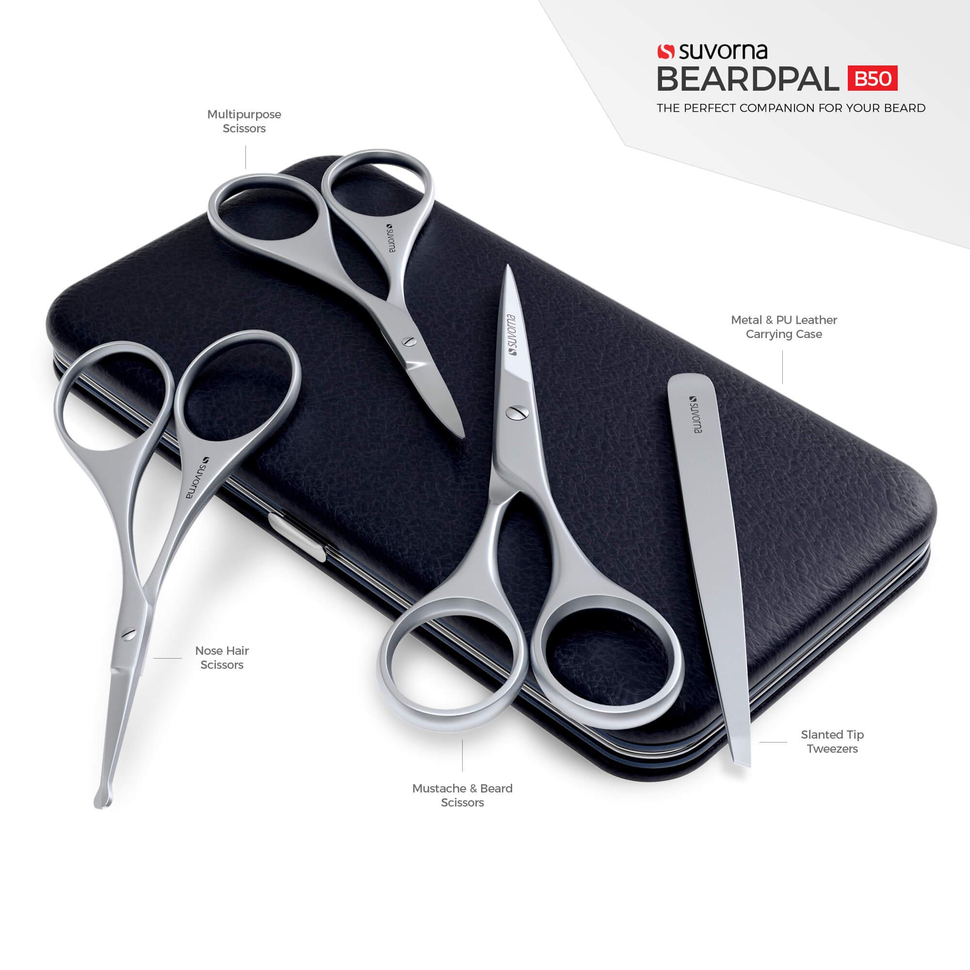 Suvorna Premium Beard & Mustache Scissors Set/Kit with Beard scissors for men - Grooming Scissors men/Facial Hair Scissors/Nose scissors - Eyebrow Scissors - Slant Tweezers (4 Pcs Blue)